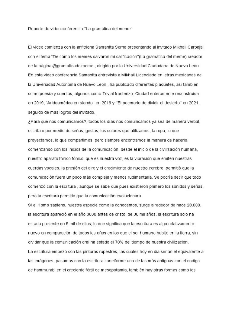 Reporte de Videoconferencia 'La Gramática Del Meme'' | PDF | Escritura ...