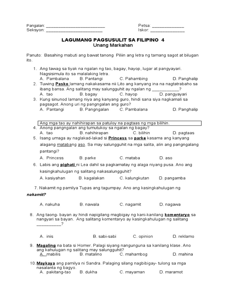 Filipino Summative Test 1 | PDF