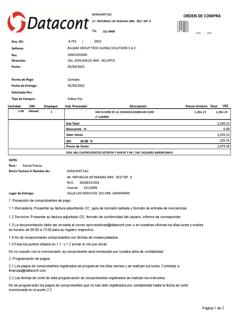 Orden de Compra: Datacont Sac Av. Republica de Panama Nro. 3517 Int. 9 ...