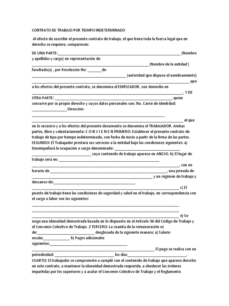 Contrato De Trabajo Por Tiempo Indeterminado Pdf Derecho Laboral