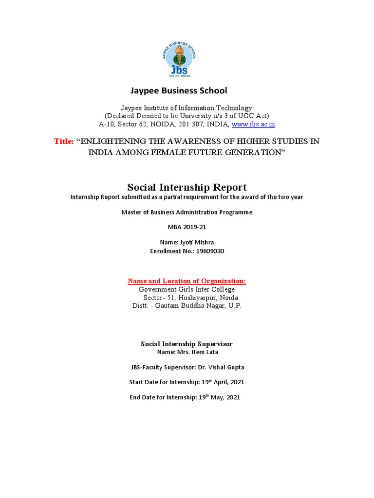 Social-Internship Report - Jyoti Mishra (19609030) | PDF | Entrepreneurship | Literacy