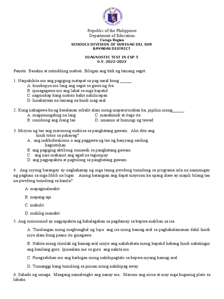 Diagnostic Test in Esp 5 2021 2022 | PDF