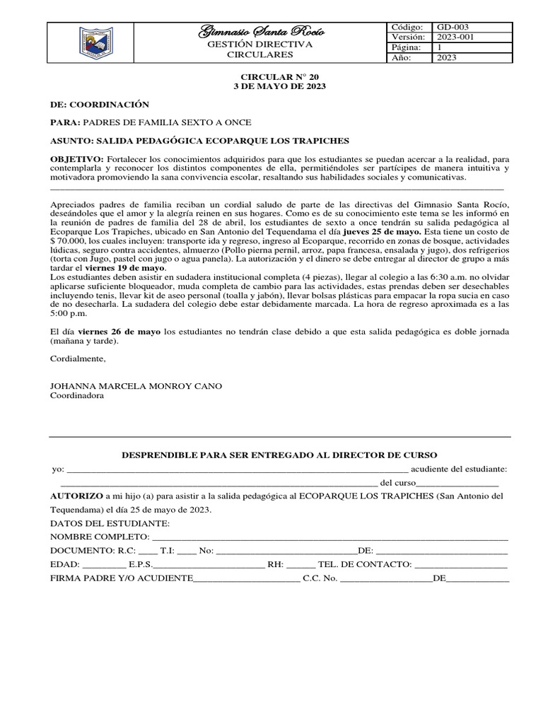 Circular 020 Salida Pedagogica Bachillerato | PDF
