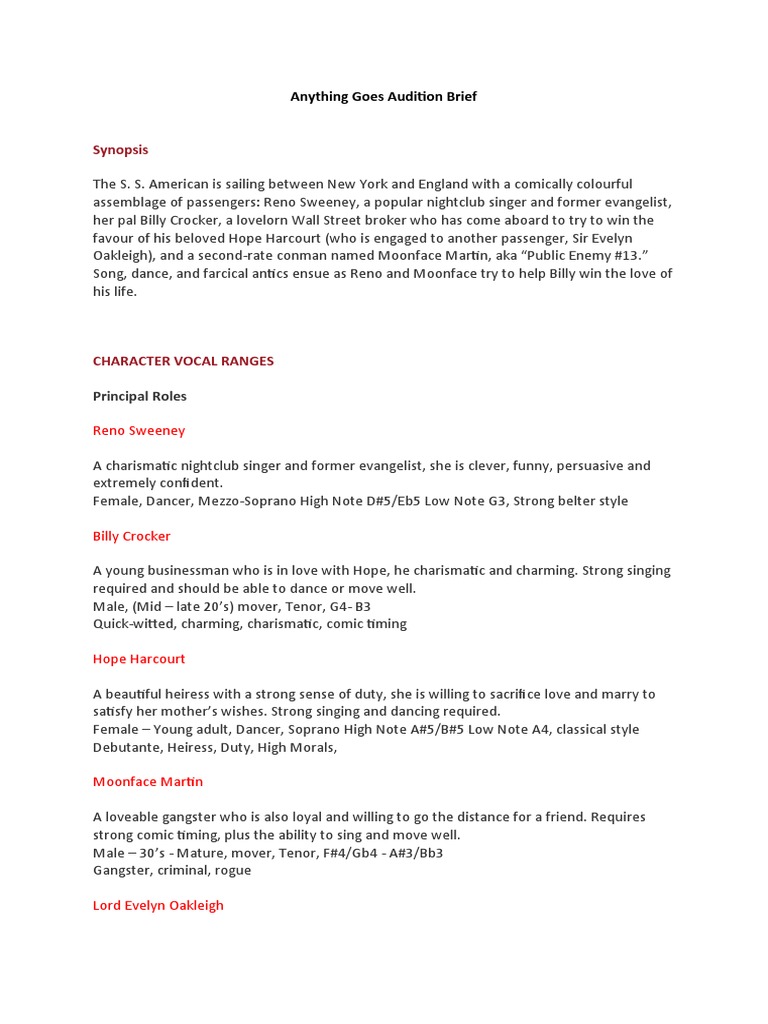 Anything Goes Audition Brief | PDF | Broadway Musicals | Music Performance