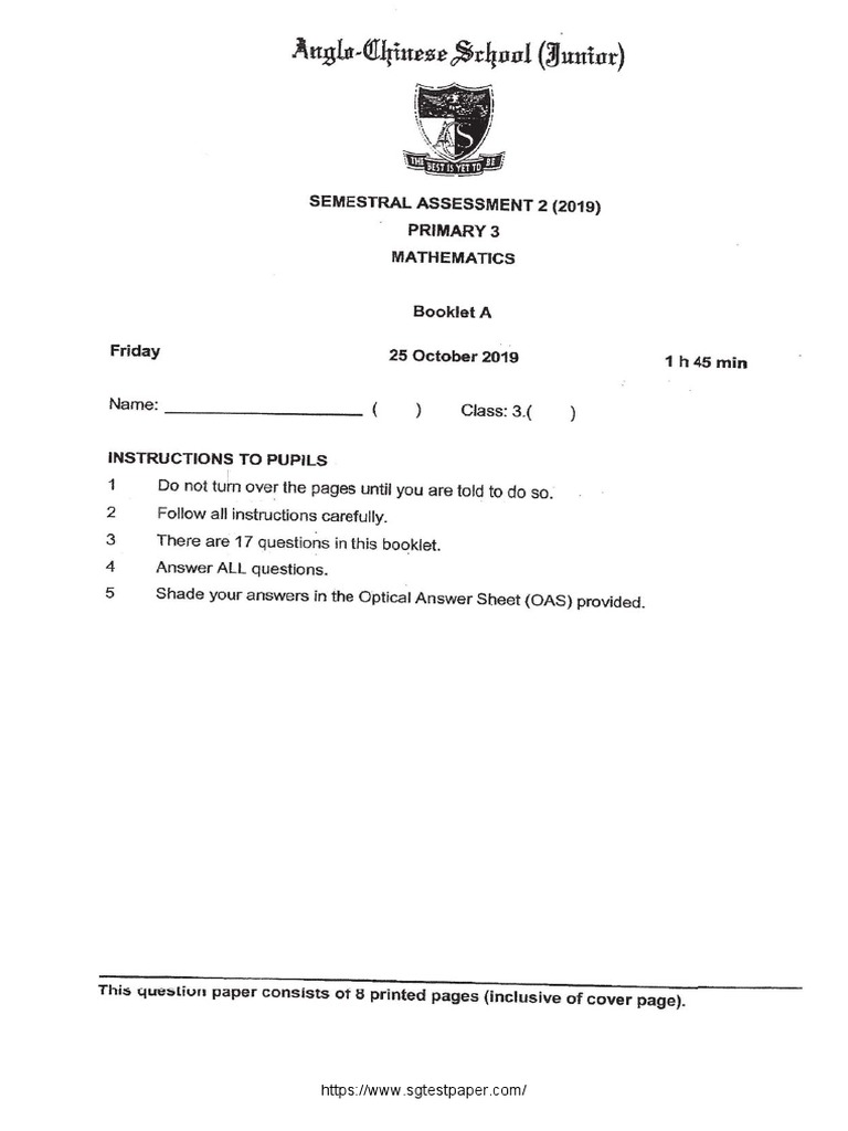 P3 Maths SA2 2019 ACSJ Exam Papers | PDF