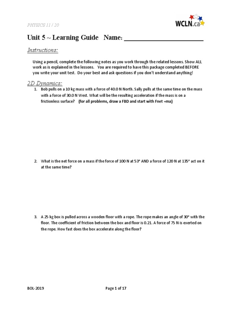 Unit 5 Learning Guide Name: Instructions | PDF | Force | Friction