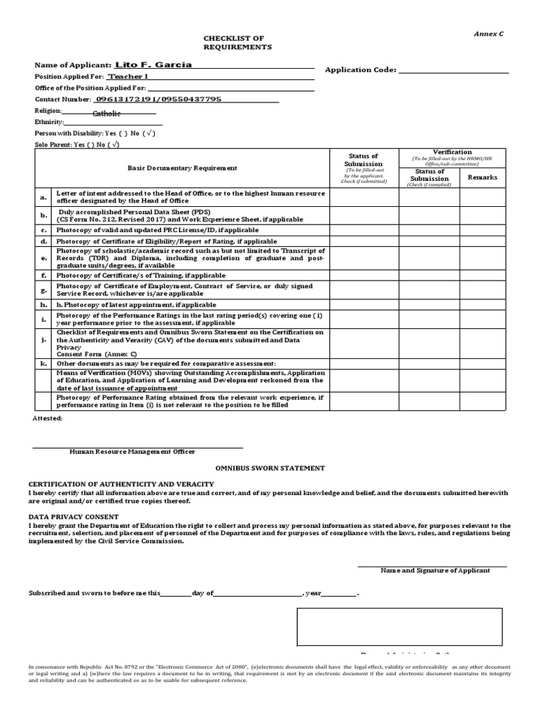 ANNEX C Checklist of Requirements and Omnibus Sworn Statement | PDF | Authentication | Business