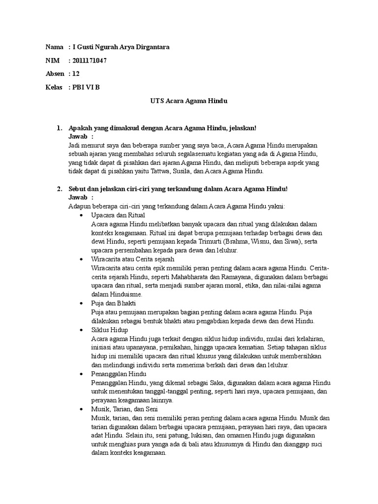 UTS - AcaraAgamaHindu - I Gusti Ngurah Arya Dirgantara | PDF