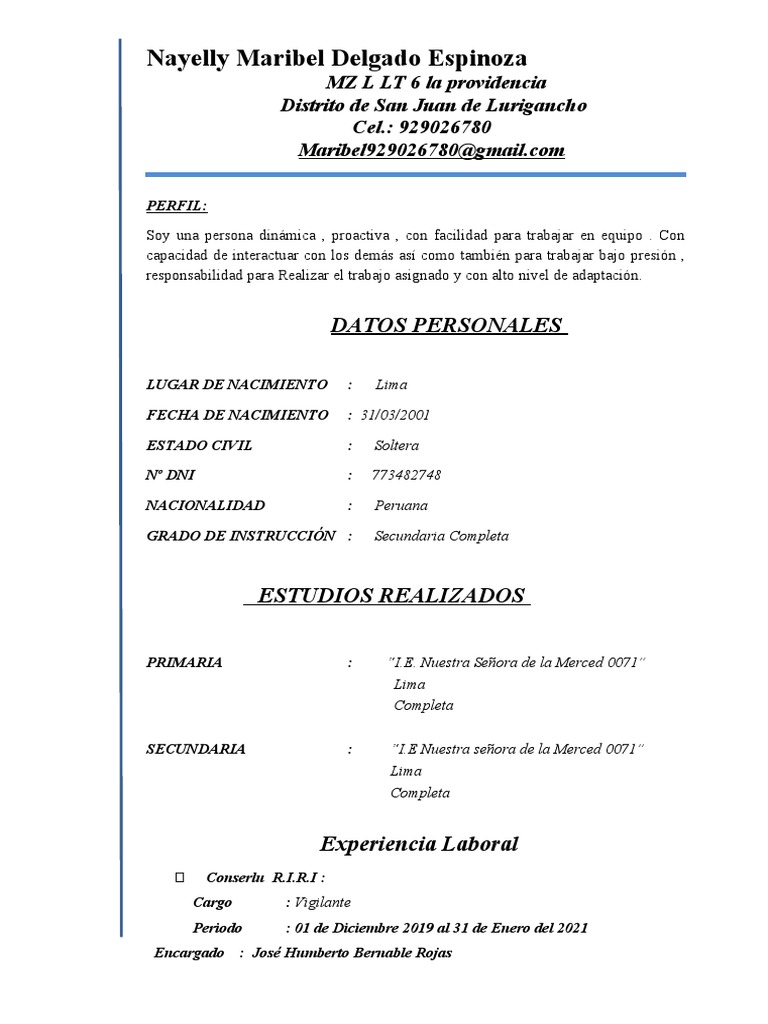 Delgado Espinoza Nayelly Maribel - CV | PDF