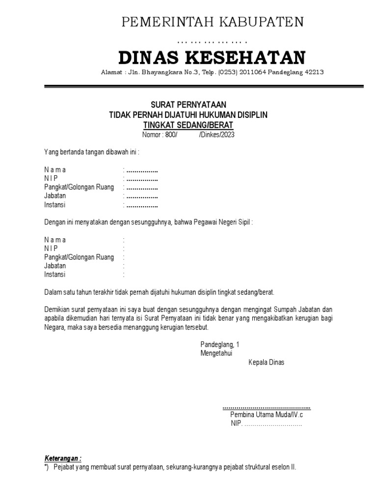 Surat Pernyataan Tidak Pernah Hukuman Disiplin 2023 Pdf