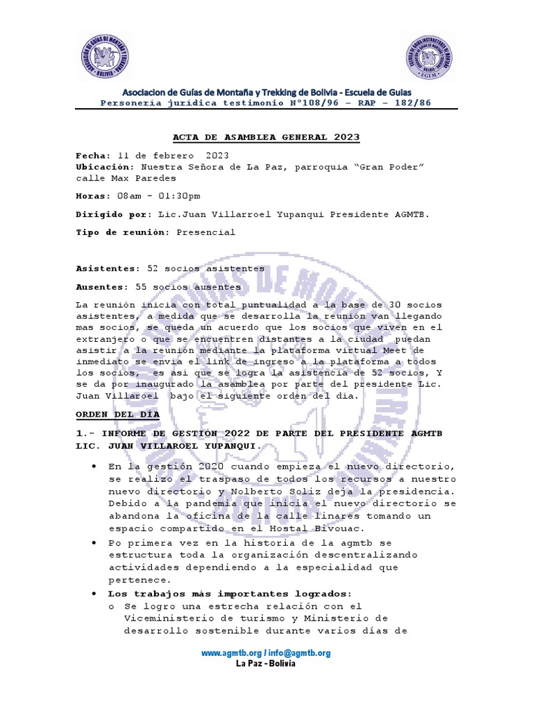 Acta de Asamblea General - 2023 | PDF | Bolivia