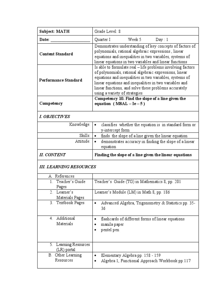 DLP WEEK 5 Finding The Slope of A Line Given An Equation - DAY 1 | PDF ...