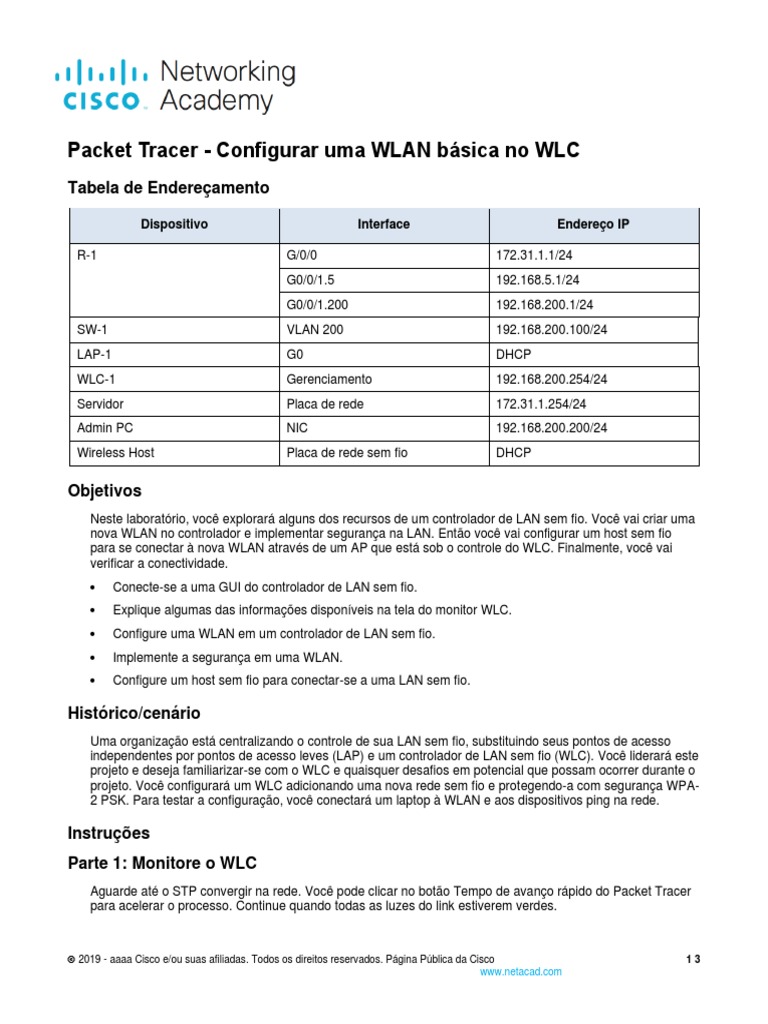 13.2.7 Packet Tracer - Configure A Basic Wlan On The WLC - PT BR | PDF | Rede sem fio | Rede de ...