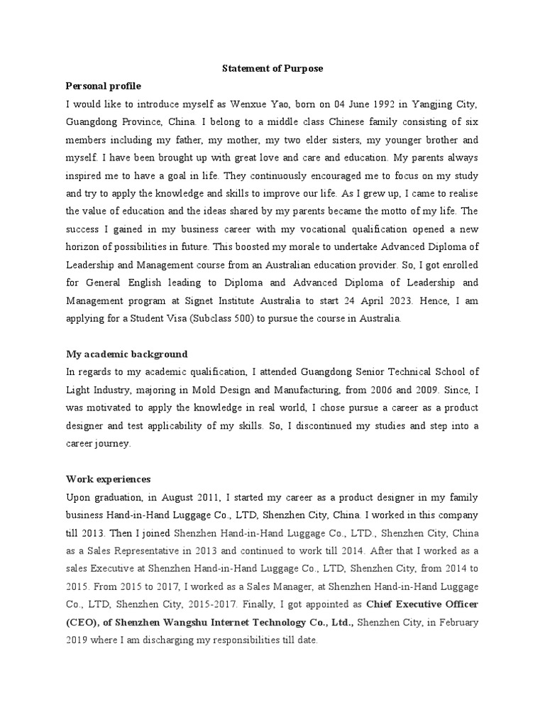 Statement of Purpose | PDF | Sydney | International Student