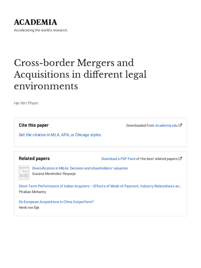 Cross-Border Mergers and Acquisitions in Different Legal Environments | PDF