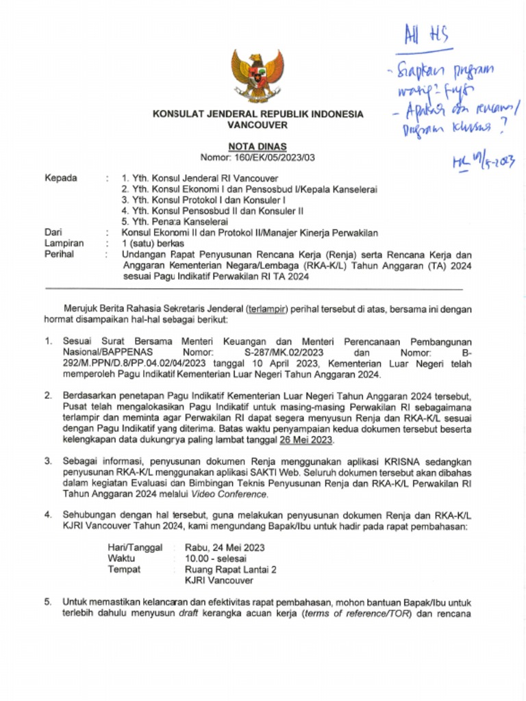 Undangan Rapat Penyusunan Renja Dan RKAKL TA 2024 | PDF