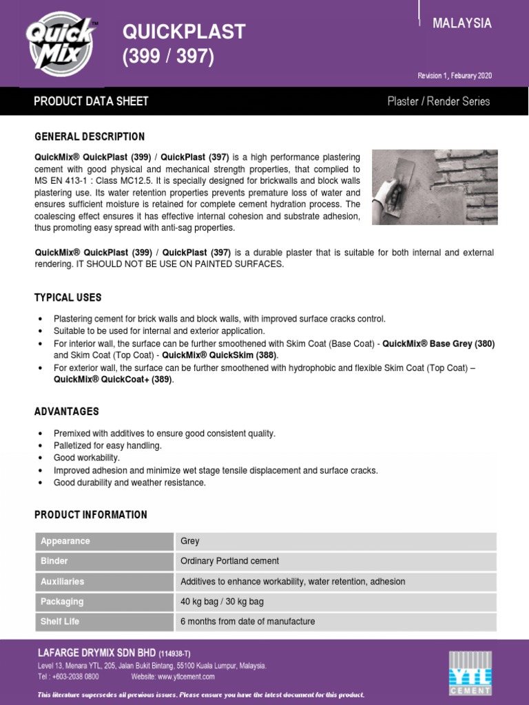TDS_QuickMix QuickPlast (399,397)_2020 | PDF | Plaster | Cement