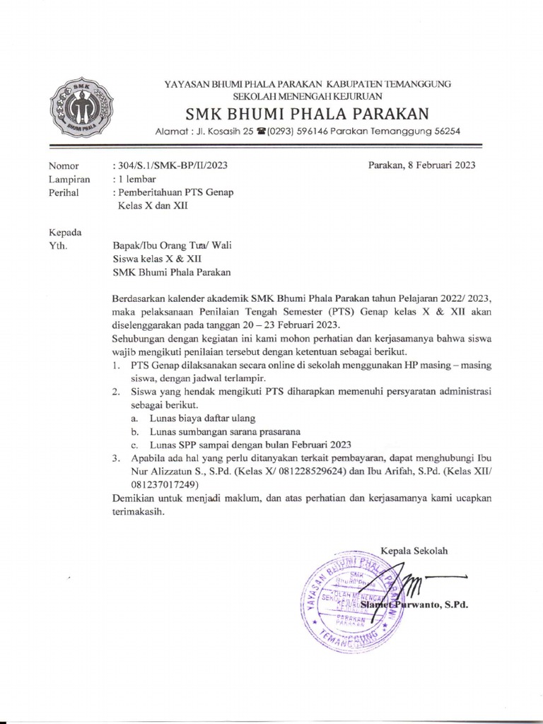 Surat Pemberitahuan PTS | PDF