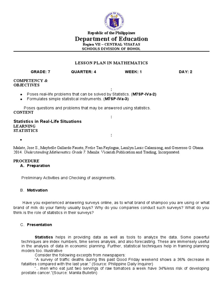 Department of Education: Lesson Plan in Mathematics | PDF | Statistics | Epidemiology