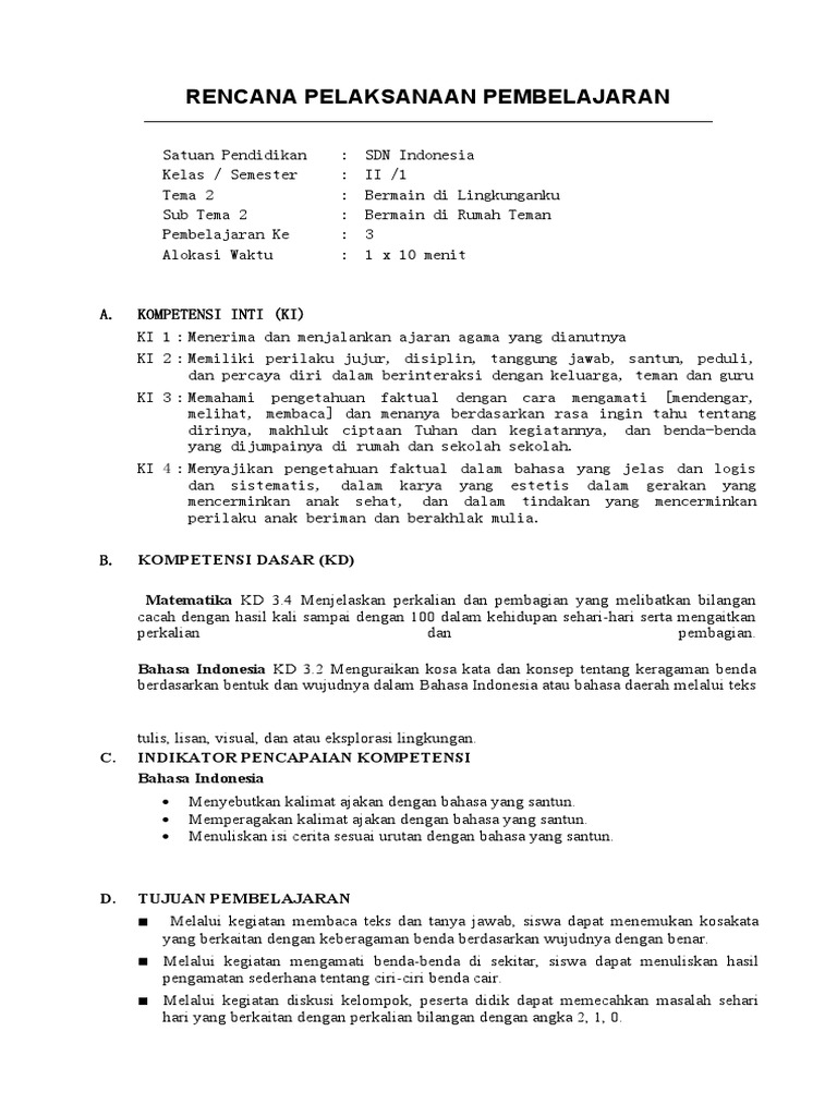 RPP Kelas 2 Tema 2 Sub 2 Bermain Di Lingkunganku | PDF