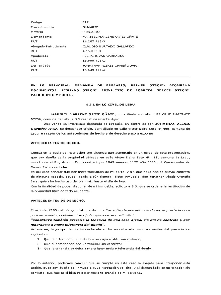Demanda de Precario en Lebu | PDF | Propiedad | Gobierno