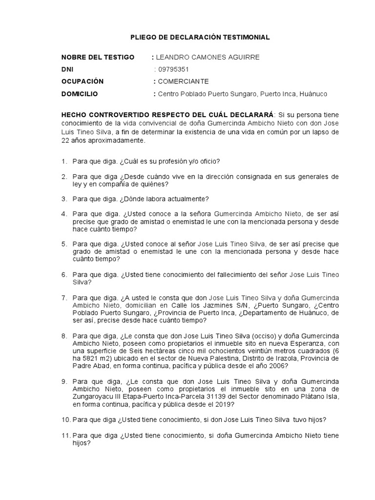 Okkk PLIEGO INTERROGATORIO DE DECLARACIÓN TESTIMONIAL | PDF