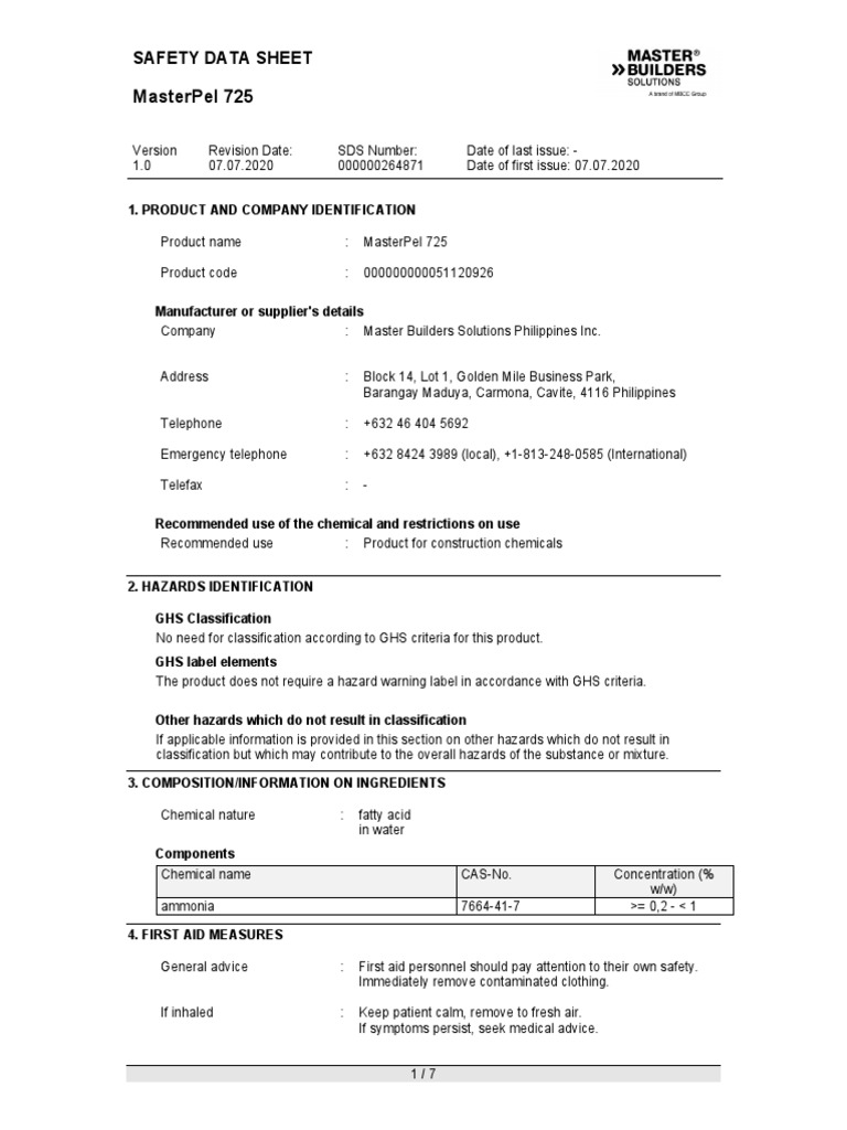 MasterPel 725 MSDS | PDF | Dangerous Goods | Occupational Safety And Health