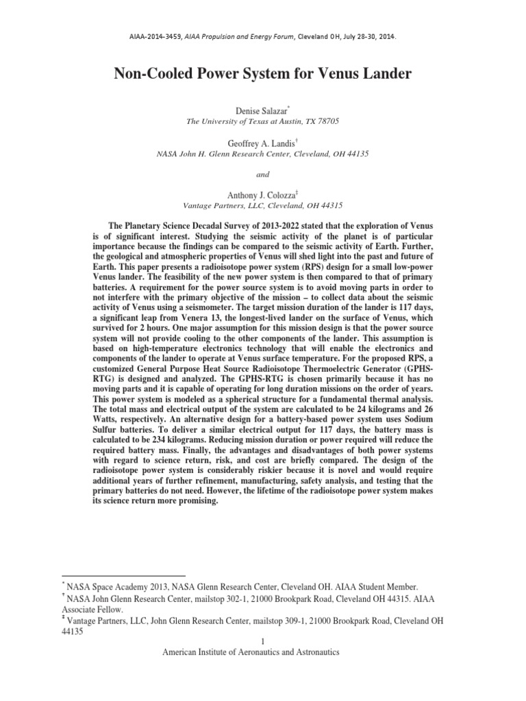 Non-Cooled Power System For Venus Lander | PDF | Thermal Insulation ...