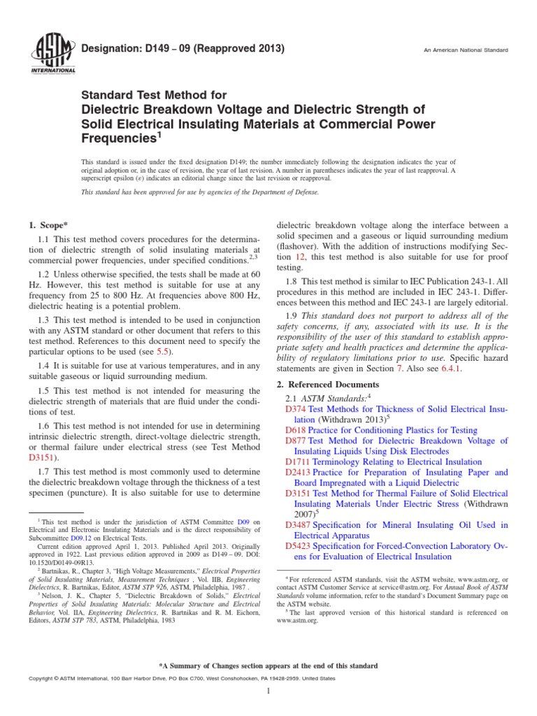 ASTM D149-2009 (2013) - 2500 DIelectric | PDF | Electrical Breakdown | Insulator (Electricity)