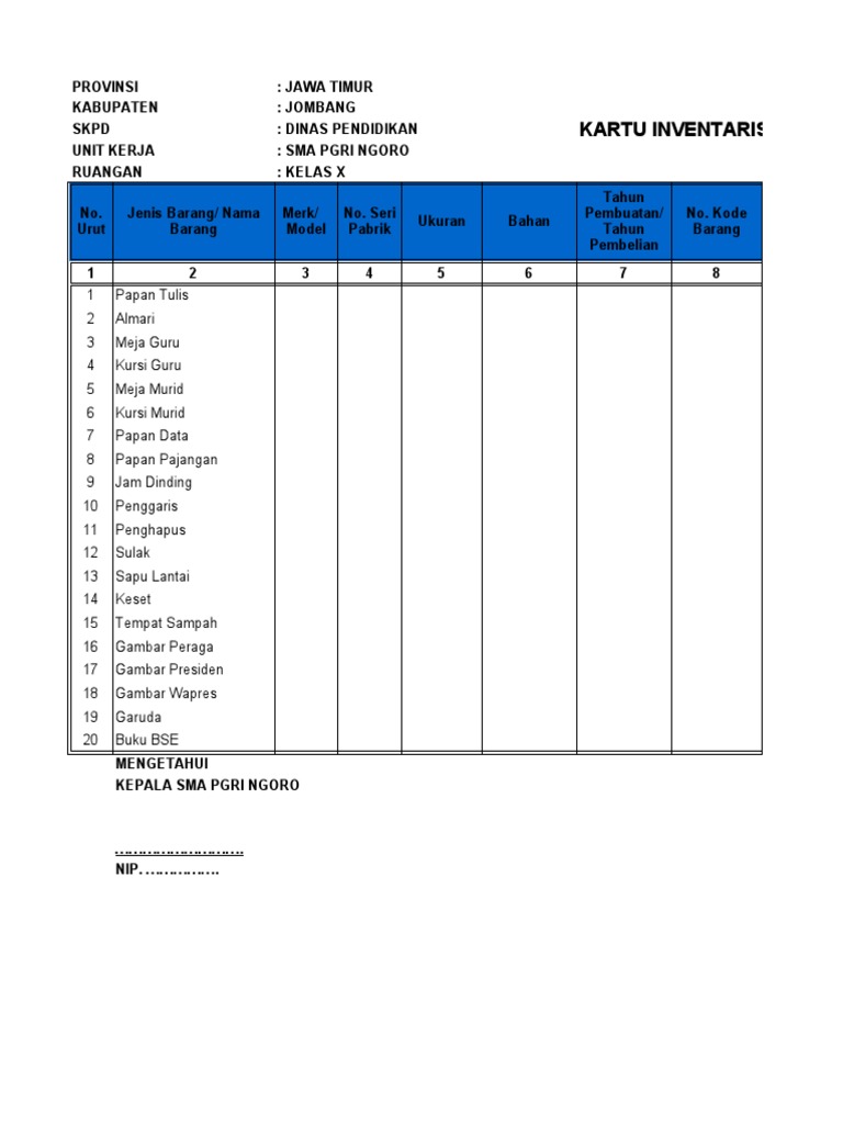 Kartu Inventaris Ruang Kelas | PDF