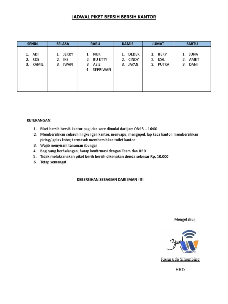 Jadwal Piket Bersih Bersih Kantor | PDF