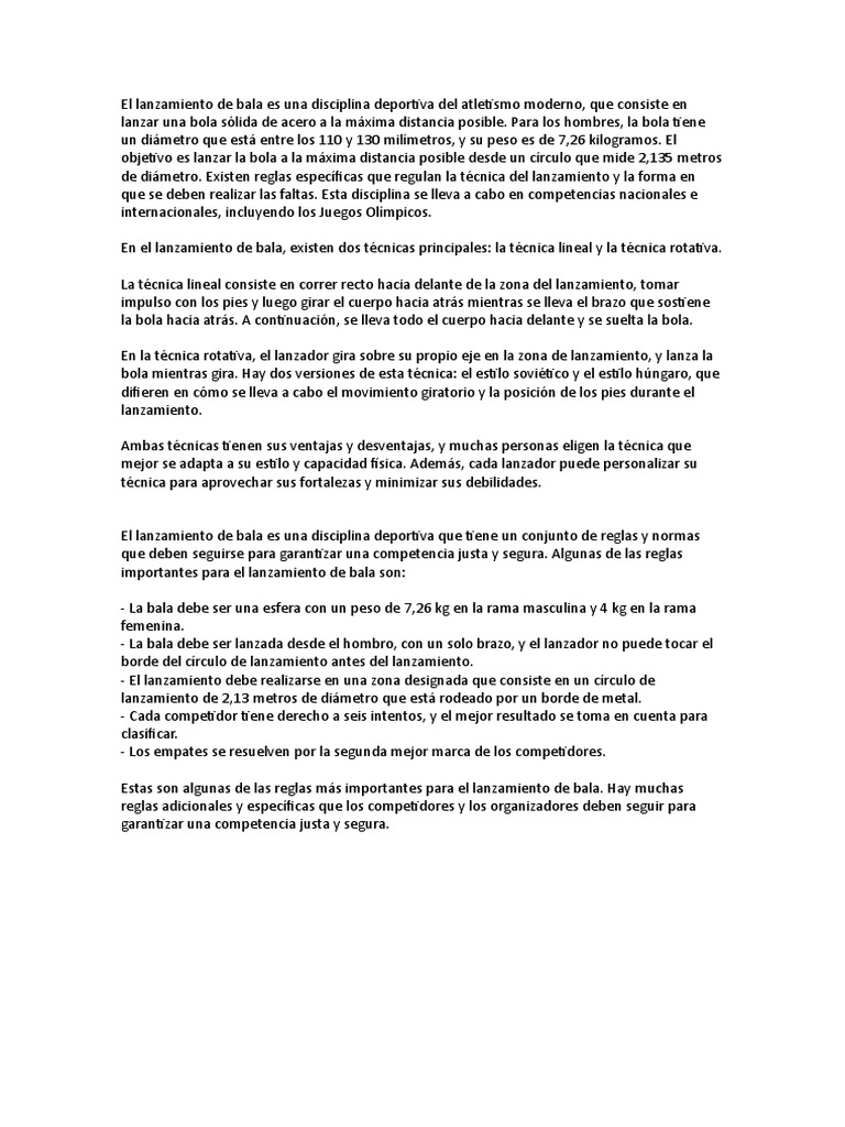 Lanzamiento de Bala | PDF | Lanzador | Deporte del atletismo