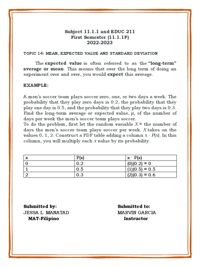Topic 14 Mean, Expected Value and Standard Deviation | PDF