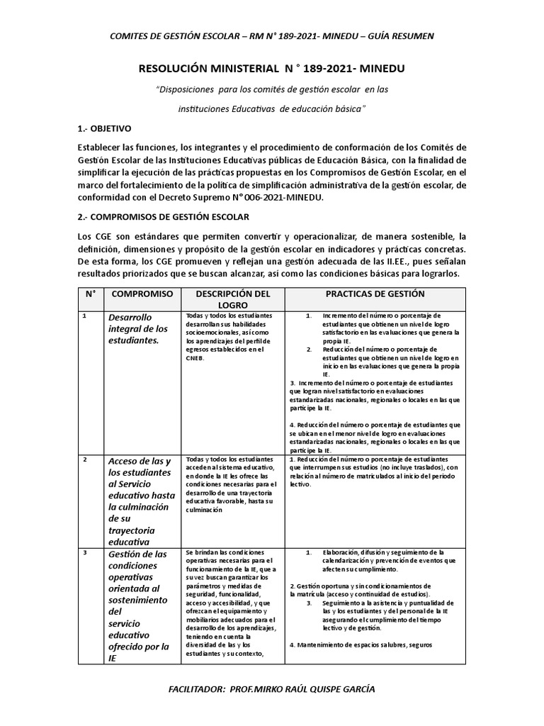 Resumen RM #189-2021.minedu Comites de Gestion Escolar 2023 | PDF ...