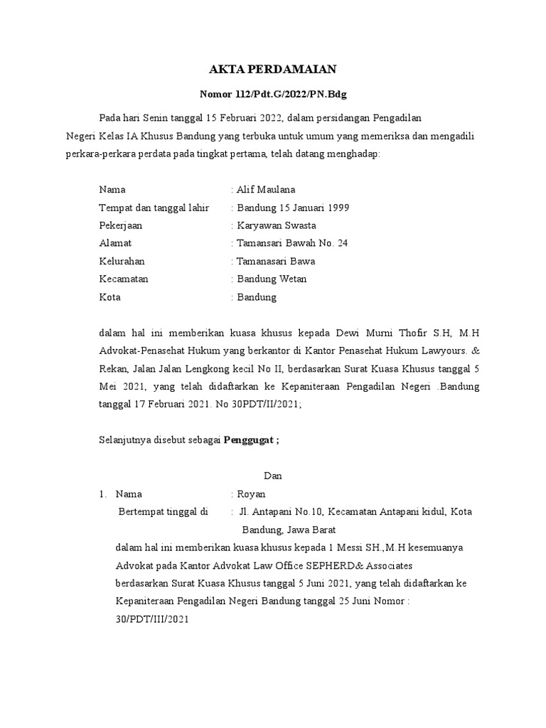 AKTA_PERDAMAIAN_(VAN_DADING)_LITIGASI_PERDATA_KL_5 | PDF