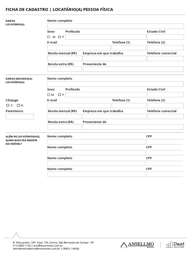 04 - Ficha Cadastro Locatário Pessoa Física - Ansellmo | PDF 04 - Ficha Cadastro Locatário Pessoa Física - Ansellmo | PDF