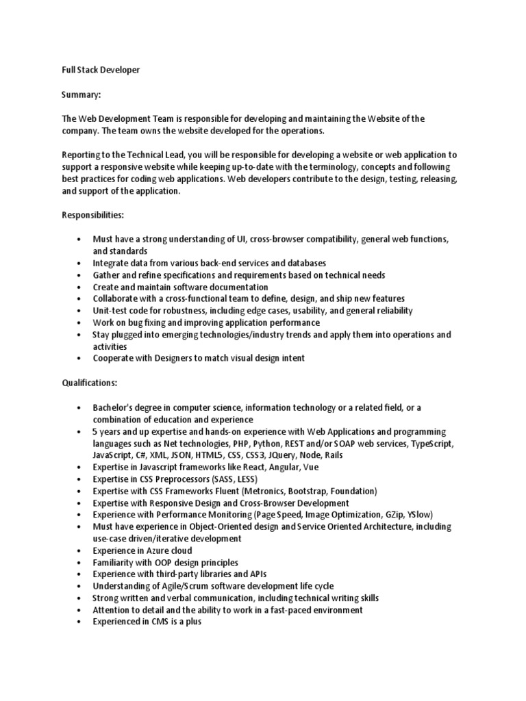 Full Stack Developer JD | PDF | World Wide Web | Internet & Web