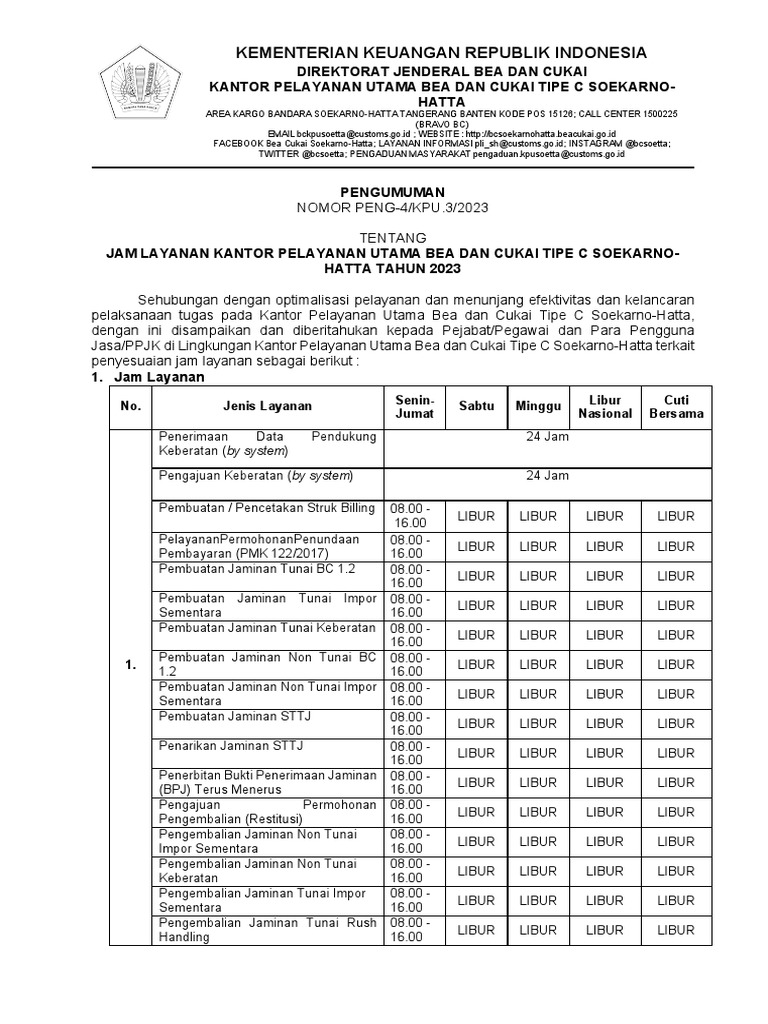 Jam Layanan Kantor Pelayanan Utama Bea Dan Cukai Tipe C SoekarnoHatta Tahun 2023 | PDF