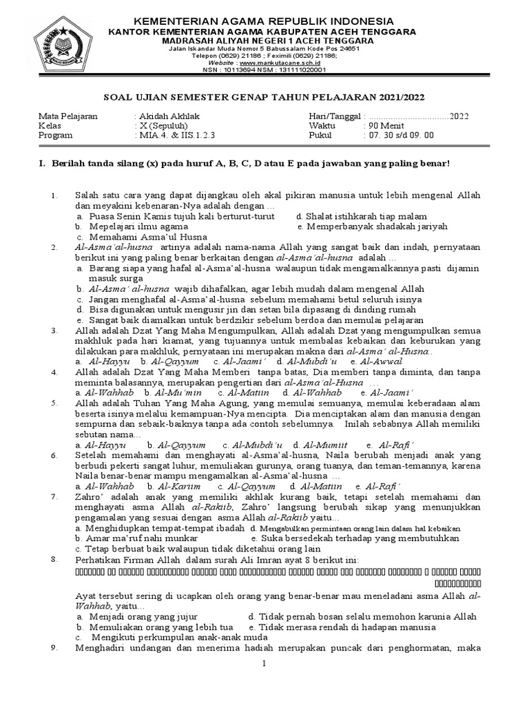 Soal Akidah Akhlak Kelas X Semester Genap 2022 | PDF