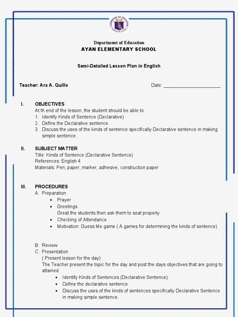 LP English (Declarative Sentence) April Day 1 | PDF | Teachers ...