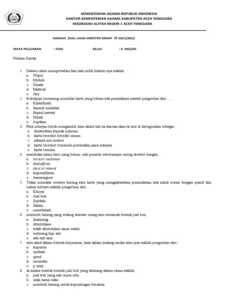 Soal Fiqh KLS X Genap | PDF
