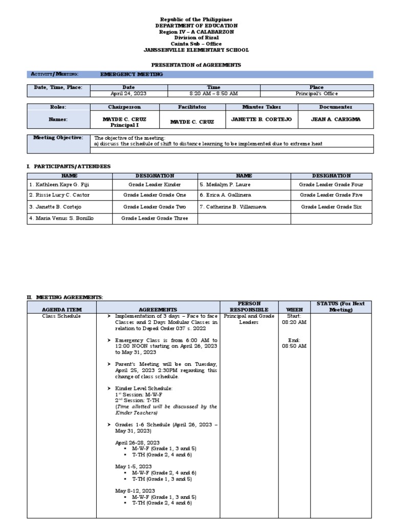 Minutes of Meeting Emergency Class Schedule April 24 2023 | PDF Minutes of Meeting Emergency Class Schedule April 24 2023 | PDF