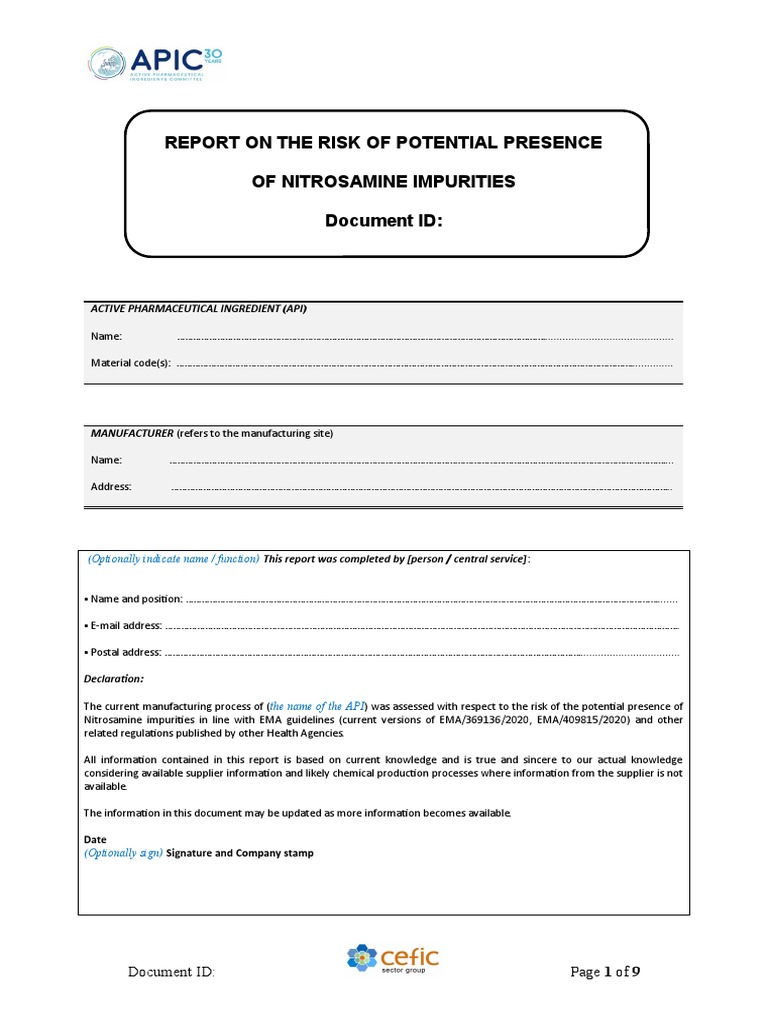 APIC Template For Report On Nitrosamine Risk Evaluation Update-QA-Rev12 Final 211022 | PDF ...