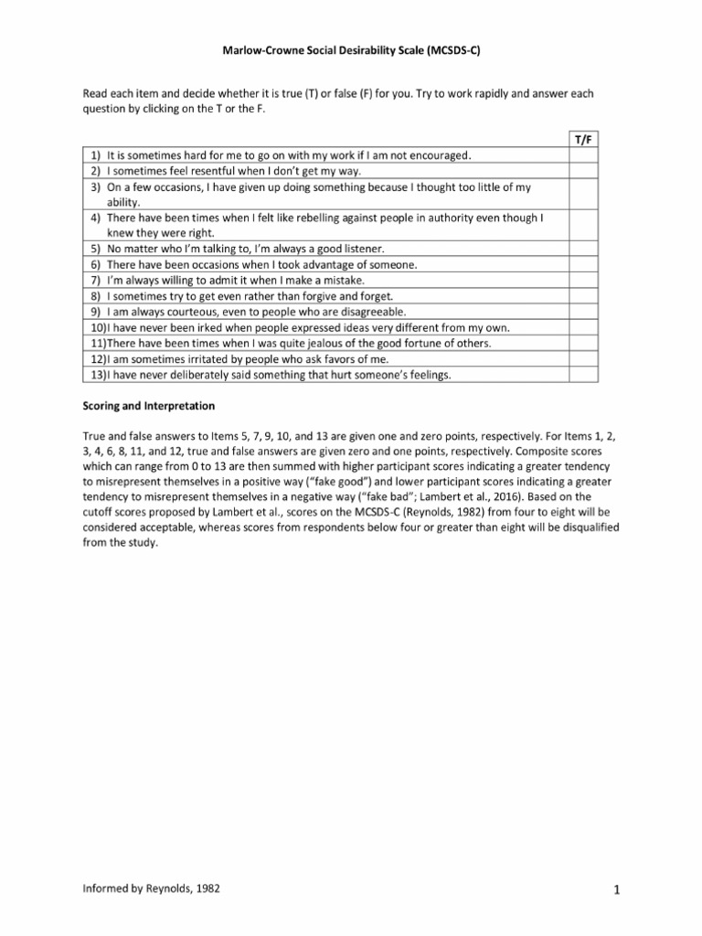 Social Desirability Scale 01 | PDF