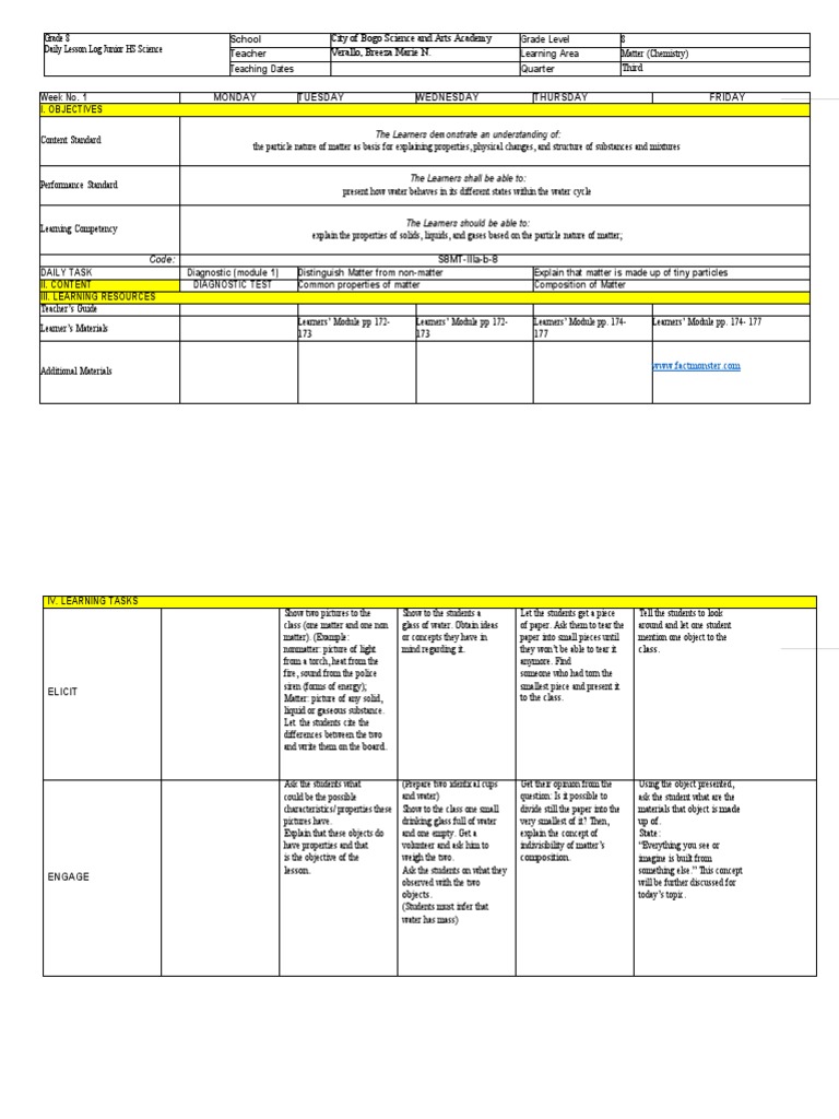 Grade 8 DLP (Science) | PDF | Matter | Atoms