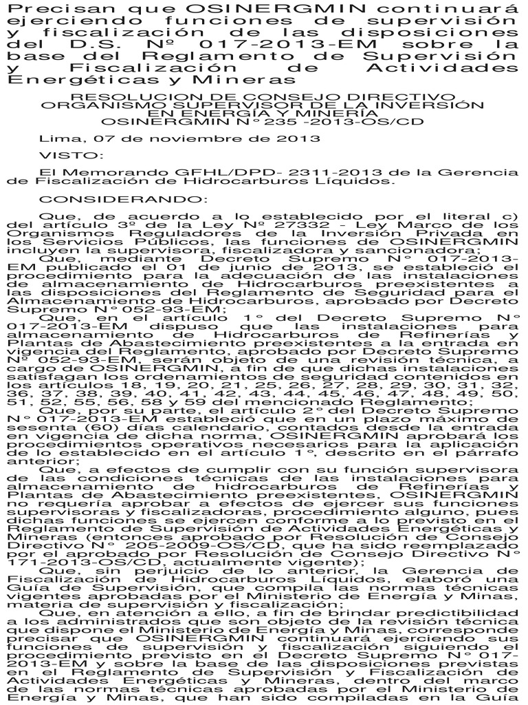 Supervisión OSINERGMIN D.S. 017-2013-EM | PDF | Regulación | Combustibles