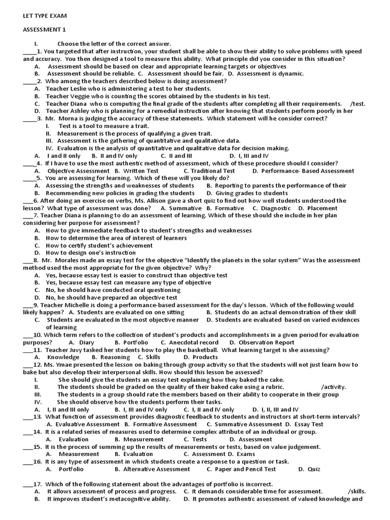 Let Type Exam Assessment Ipart A | PDF | Educational Assessment ...