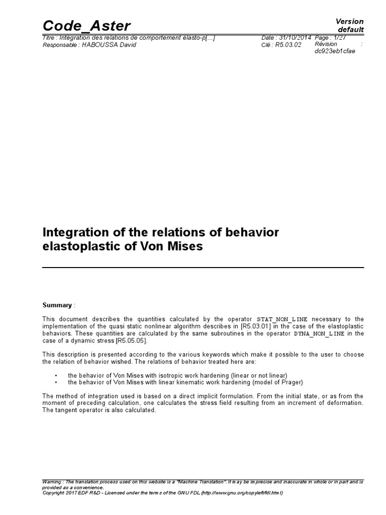 Code - Aster: Integration of The Relations of Behavior Elastoplastic of Von Mises | PDF | Young ...
