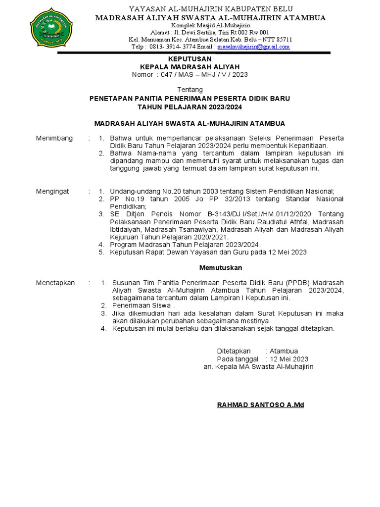 SK Panitia PPDB Madrasah 2023 | PDF