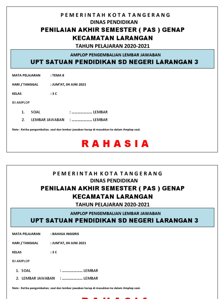 Amplop Pengembalian PAS SD | PDF